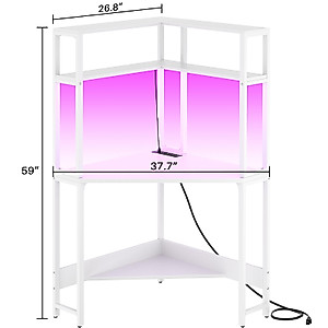 Cyclysio Mini Corner Desk with Hutch, Corner Gaming Desk with LED Light, Corner Computer Desk with Power Outlets, Triangle Corner Desk for Small Space, Home Office, Workstation, White