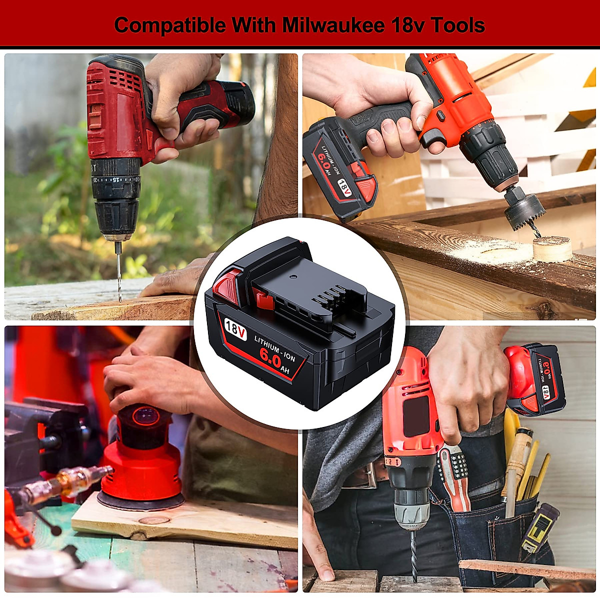 LONG FIT 2 Pack | Replace for Milwaukee M18 Battery 6.0Ah, Perfectly Compatible with Milwaukee Original Charger (48-11-1850)