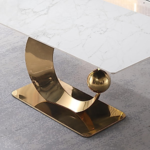 Montary 71” Artificial Marble Dining Table for 6-8 Seat, Modern Rectangle Dining Room Table with Gold Shaped Circle Stainless Steel Base, Sintered Stone Dining Table (Only Table)