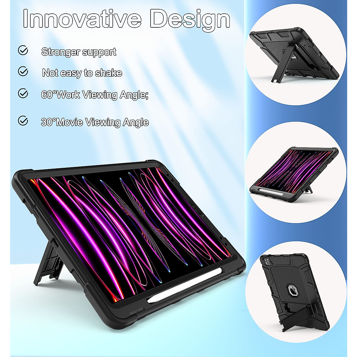 Rantice iPad Pro 12.9 Case 6th/5th Generation with Apple Pencil Holder, Hybrid Shockproof Rugged Drop Protection Cover with Kickstand for iPad Pro 12.9'' 2022/2021 Released (Black)