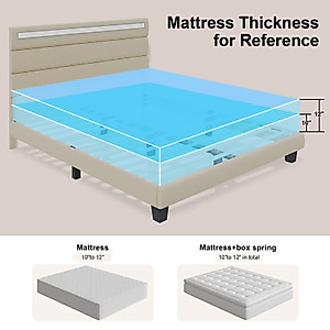 Kallabe King Size Bed Frame with LED Lights, Upholstered Bed Frame with Charging Station and Linen Fabric Tufted Headboard, Wood Slats Support, Noise-Free, Easy Assembly, No Box Spring Needed, Beige