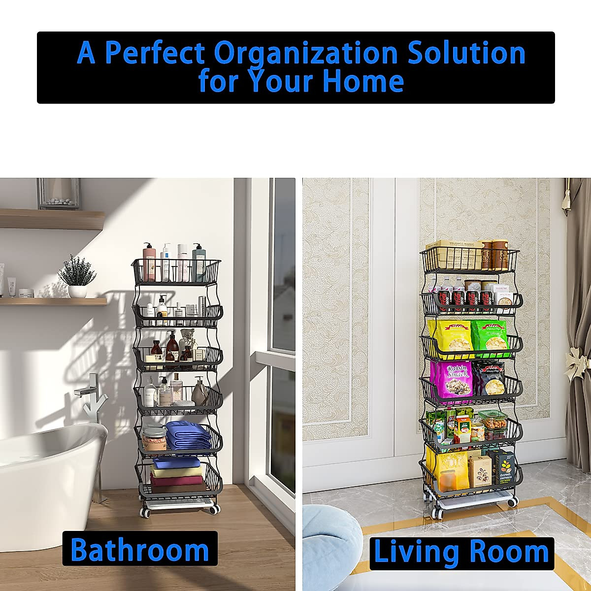 ALPHYSE Fruit Basket for Kitchen, Wire Baskets for Fruit and Vegetable Storage, 6 Tier Stackable Baskets with Wheels and Anti-Skid Feet for Kitchen, Pantry, Bathroom