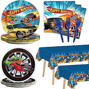 98 Pieces Racing Car Party Decorations Hot Car Tableware Set Racing Car Plates Napkins Tablecloth Party Supplies Kit for Kids Boys Racing Birthday Table Cover Dinnerware Party Favors 24 Guests
