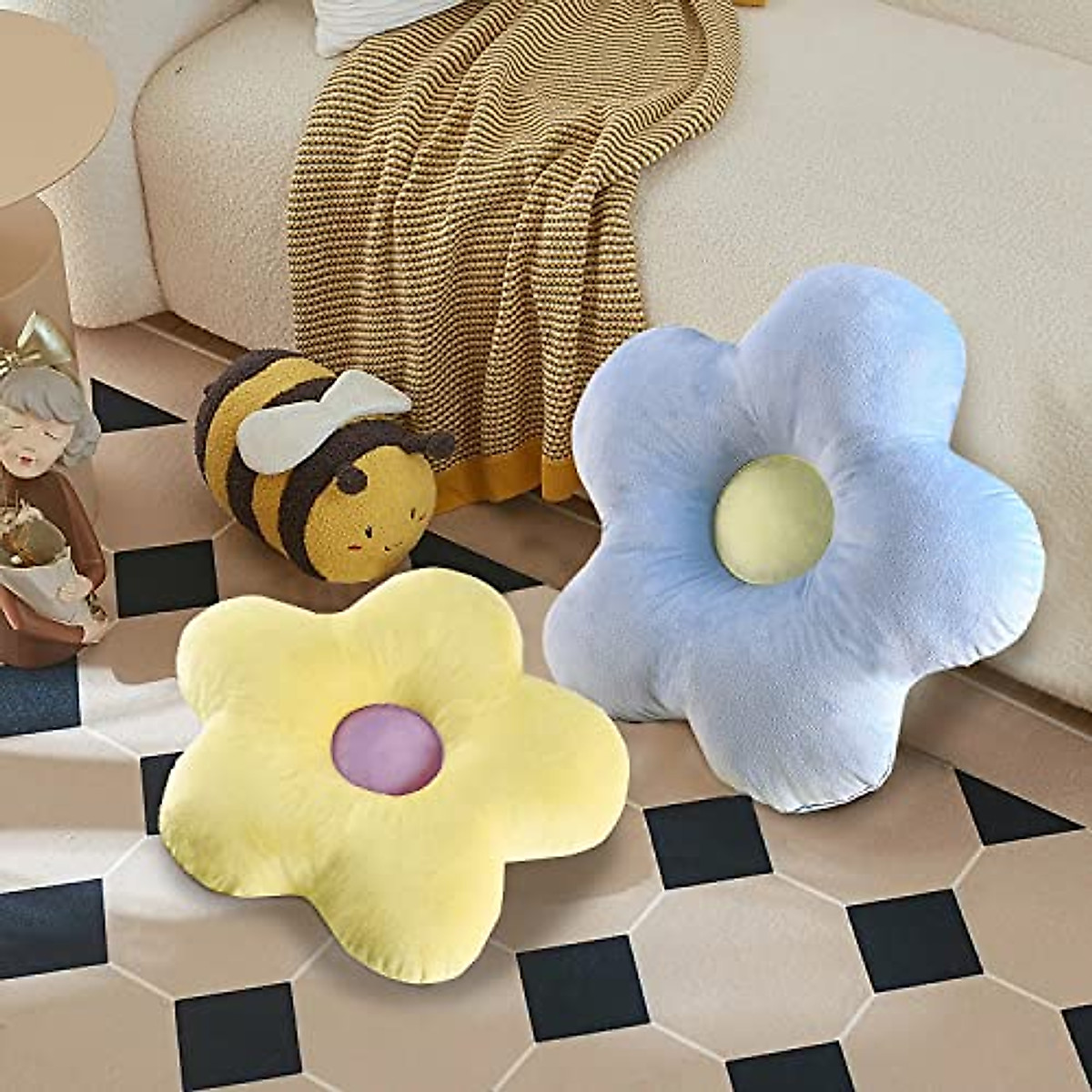 HIG 2 PCS Decorative Flower Throw Pillows, Adorable Accent Floor Pillows with Unique Sunflower Shape, 15 inch Round Fun Daisy Indie Pillows for Sofa Couch Bed Children's Tent, Velvet, Blue (Loren)