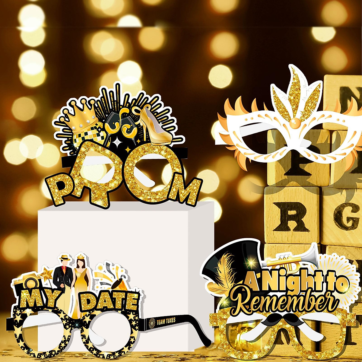 HOWAF 26 pack Prom Night Photo Booth Props Party Glasses, Black Gold Glitter Prom 2024 Photo Booth Paper Glasses Frames for 2024 Graduation Prom Party Supplies, Prom Night Eyewear Prom 2024 Eyeglasses