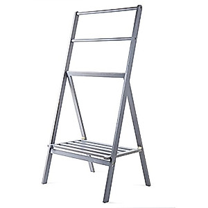 MyGift 43 Inch Rustic Dark Gray Solid Bamboo Freestanding Towel Rack, Bathroom Folding Towel Drying Stand with Bottom Storage Shelf