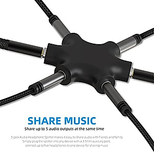 EBEETECH 3.5mm Multi Headphone Audio Splitter 5-Jack Female Connector Adapter with 3.5mm Stereo Cable 20cm & 100cm, 3-in-1Pack