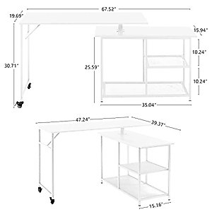 LTMEUTY 360°Free Rotating Desk - Modern Home 0ffice Desk, Reversible Computer Desk Study Writing Table Workstation, L-Shaped Corner Desk with Storage Shelves, Sofa Side Table, White