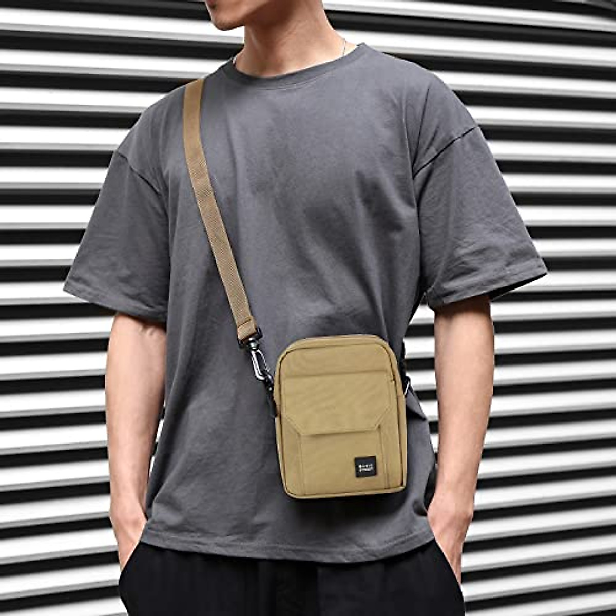 PAUBACK Khaki Man Purse Small Crossbody Bag for Mens, Travel Passport Wallet Bag for Men for Cell Phone, Small Neck Pouch Side Shoulder Bag for Men, Man Crossbody Handbag Purse Satchel Bags