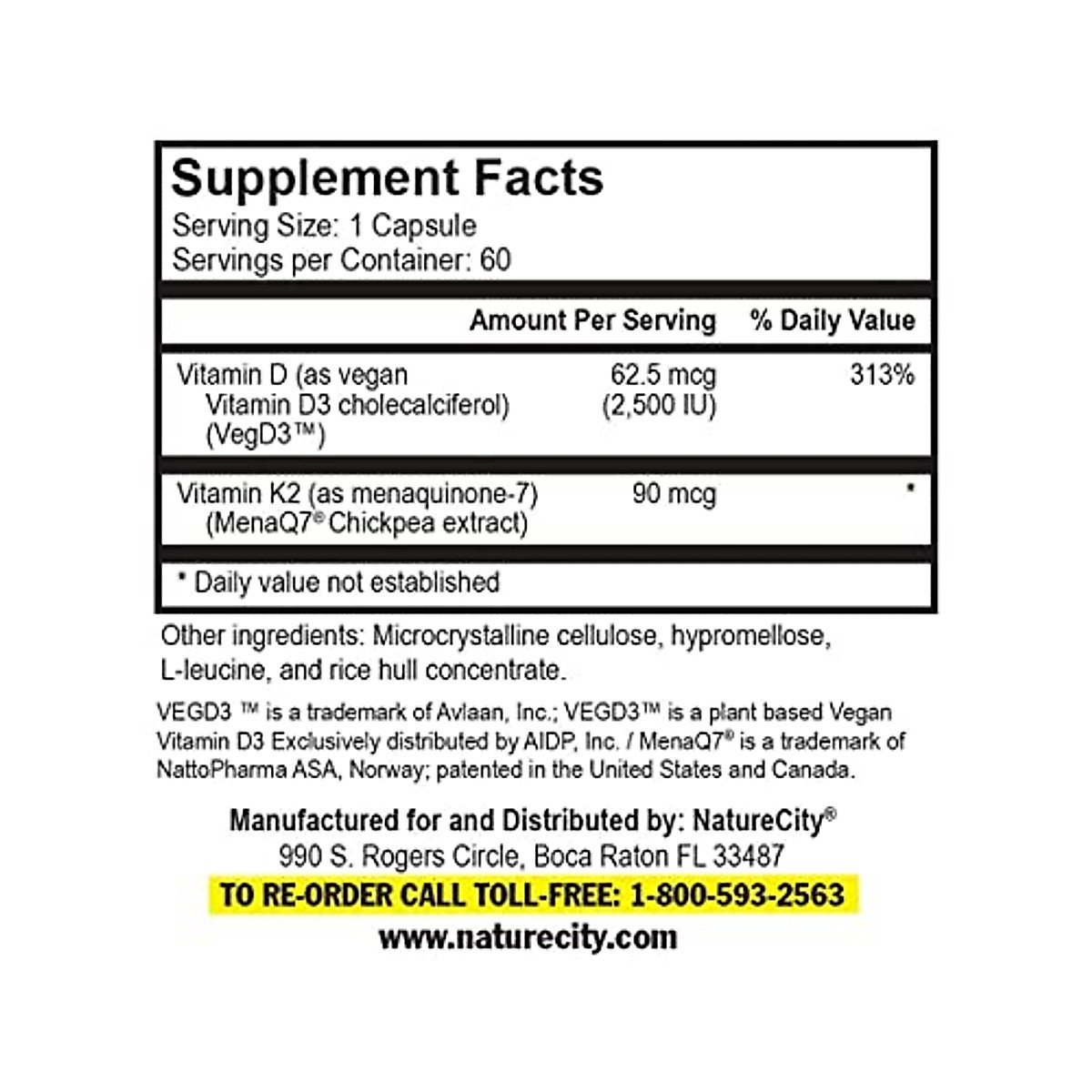 NatureCity TrueK2D3 Bone and Heart Health Formula - Plant Based 90mcg of Vitamin K2 (MK7) & 62.5mcg of Vitamin D3 60 Veggie Capsules
