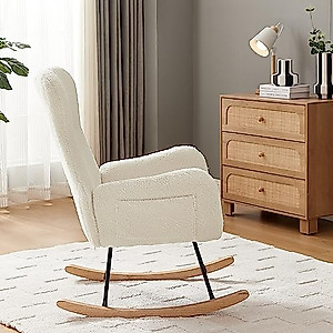 Recaceik Rocking Chair, Modern Teddy Fabric Rocker Glider Chair with High Backrest and Armrest, Comfy Side Chair Bedroom Living Room Chair Armchair, 2 Handy Pockets, Metal Frame, Wood Leg(Beige)