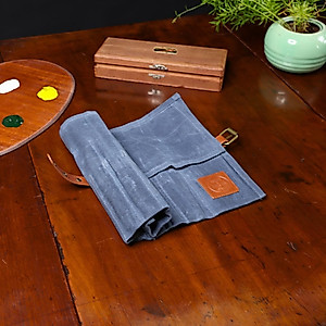 Earth & Fiber Co. Compact Waxed Canvas Paint Brush Holder - Portable Art Bag for Painting & Drawing - Art Supplies Organizer - Storage Roll Bag for Artists (blue)