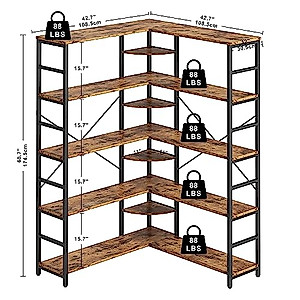 IRONCK Industrial Bookcases and Bookshelves, 5-Tiers Corner Bookcase with Curved Panels, L Shaped Shelf with Metal Frame for Open Storage for Living Room Home Office