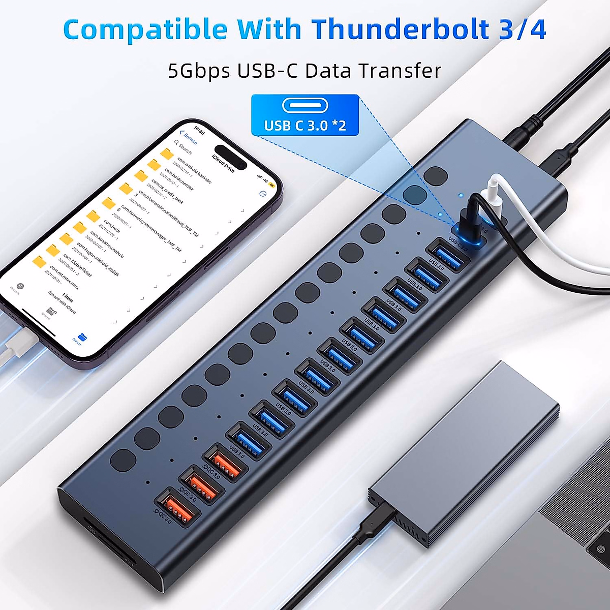 Powered USB Hub, VANGREE 17-Port 90W USB 3.0 Hub (10 USB 3.0 Ports+3 QC24W Fast Charging Ports+2 USB-C 3.0 Ports+SD/TF Card Reader), Individual On/Off Switches, 12V/7.5A Power Adapter for Laptop, PC