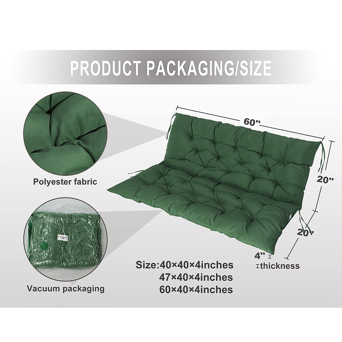COSNUOSA Swing Replacement Cushions Waterproof Porch Swing Cushions 2-3 Seater Outdoor Swing Cushions for Outdoor Furniture Dark Green 60x40 Inches