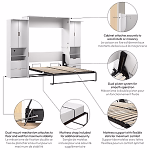Bestar Lumina Murphy Bed with Desk and 2 Storage Cabinets in White, Sleeping Arrangement with Drawers, Queen
