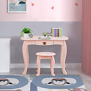 MAT EXPERT Kids Vanity Table & Stool, Princess Makeup Dresser w/Removable Tri-Folding Crown Mirror, 2 in 1 Wooden Kids Girl Vanity w/Drawer, Princess Pretend Play Makeup Dresser Gift (Pink)