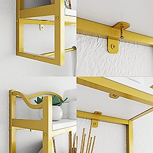 DR.IRON Gold Wall Bathroom Shelves with Towel Holder,Floating Bathroom Shelves Towel Rack for Bathroom Storage (2-Tier) (Gold Bracket & White Shelves)