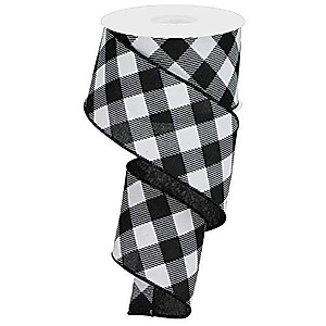 Diagonal Plaid Check Wired Edge Ribbon - 10 Yards (Black, White, 2.5")