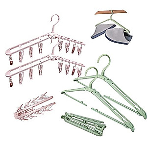 Fineget Plastic Coat Hangers Portable Travel Shorts Hangers for Closet Shoes Foldable Collapsible Clothes Heavy Duty No Slip Green Hangers Quick Drying (Green 2 Pcs, Pink 2 Pcs)