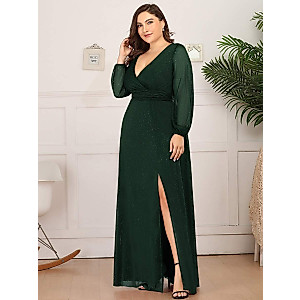 Ever-Pretty Women's Glitter A Line High Slit V-Neck Plus Size Formal Gowns and Evening Dresses Dark Green US16