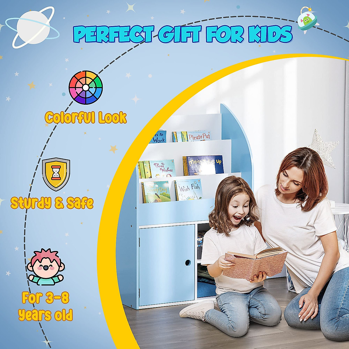 Qaba Bookshelf, Multi-Purpose Kids Toy Storage Organizer for Preschool & Early Reading, Kids Bookcase with Cabinet, Childrens Bookshelf, Book Organizer Kids Playroom Furniture, Ages 3-8, Blue