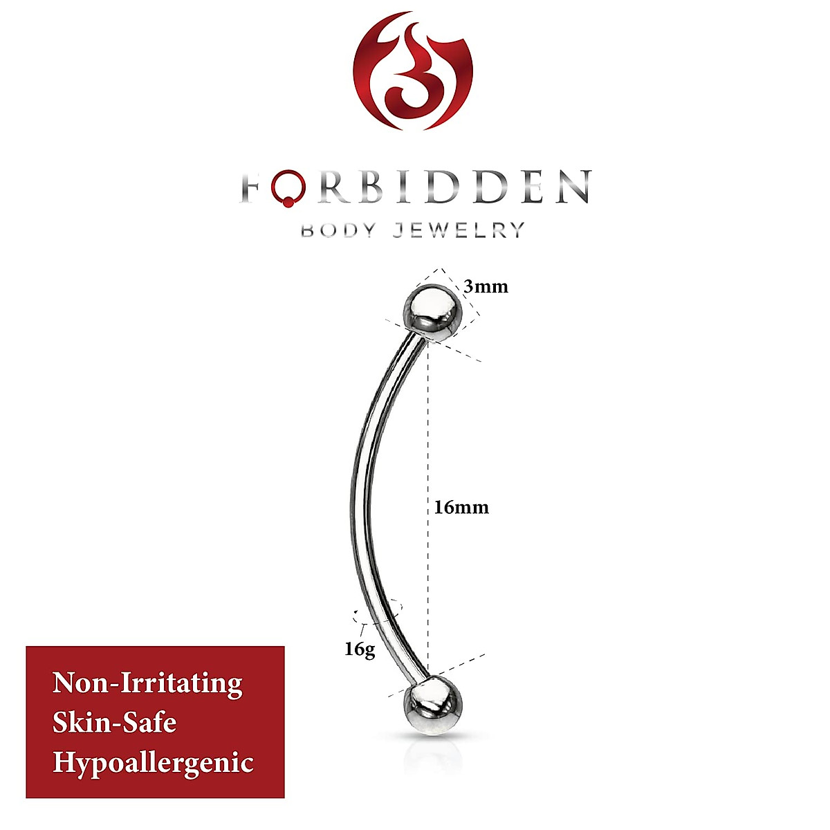 Forbidden Body Jewelry Snake Eyes Piercing Jewelry Tongue, Conch, Belly Button or Eyebrow Rings for Women & Men - 16g Curved Barbell 3mm Solid Ball Ends Surgical Steel Piercing Silver (1 Pc - 5/8")