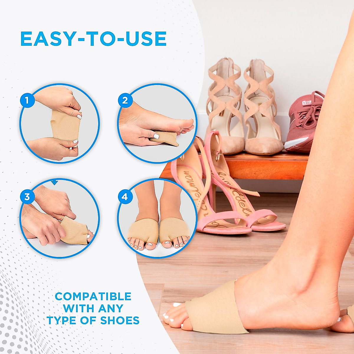 Metatarsal Pads Women Sleeves Anti-Slip Inserts with Gel (4-Pack) Ball of Foot Cushions for Women & Men Pain Relief Soft Padding - Sesamoiditis Pads, Metatarsalgia Insole, FSA and HSA Eligible (Nude)