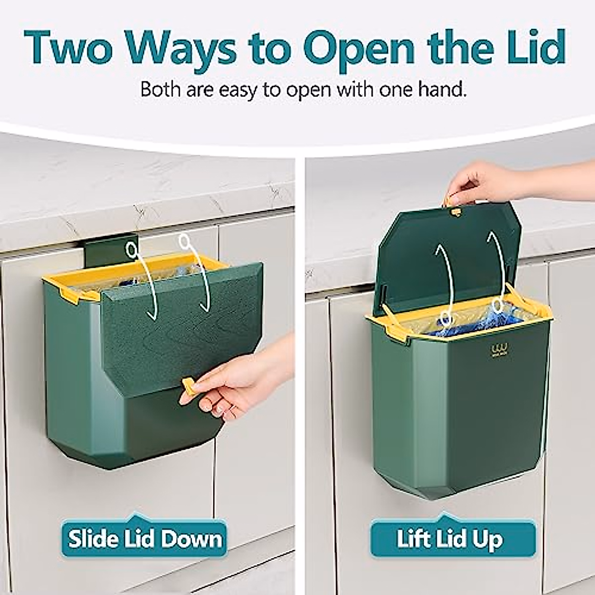 WOA WOA 2.4 Gallon Hanging Trash Can for Kitchen, Small Garbage Bin with Lid for Bathroom Bedroom, Mountable Cabinet Compost Bin Under Sink, Wall Mounted Waste Bucket - Green