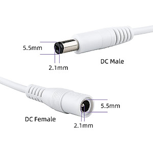 Power Extension 60ft Cable5.5mm x 2.1mm 12 Volt Male to Female Plug Cord for CCTV IP Security Cameras DVRs and More Devices White