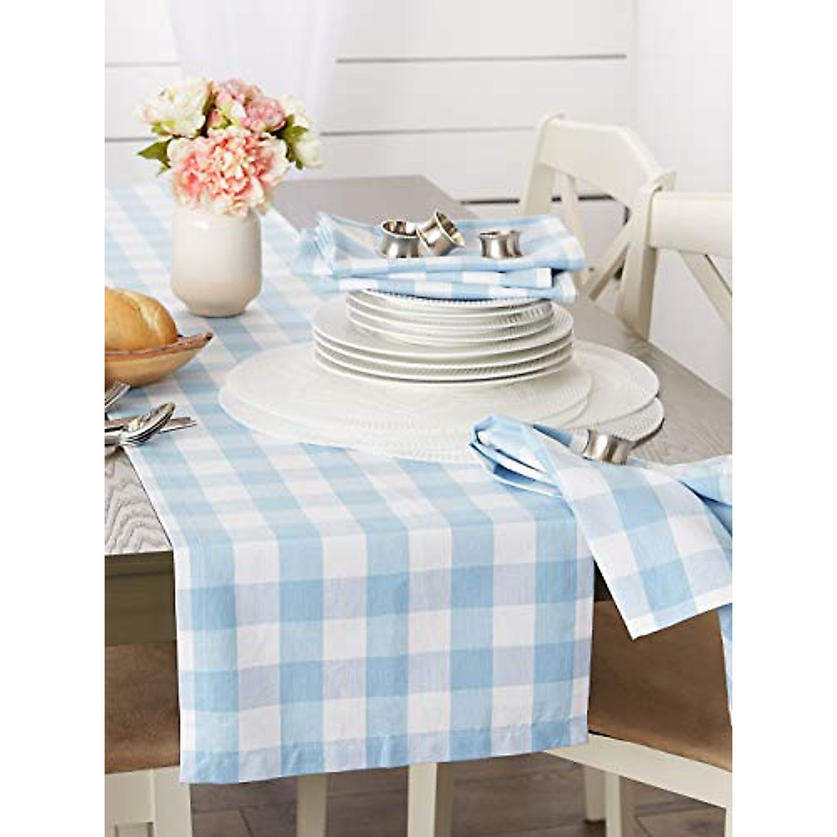 DII Buffalo Check Collection, Classic Farmhouse Table Runner, 14x72, Light Blue & White