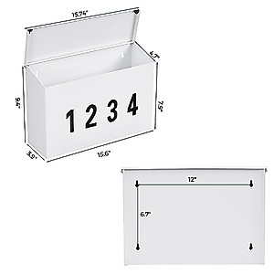 Nunsino Wall-Mounted Mailbox with Flag Kit and 3 Sets of Number Stickers, Metal Post Box, Rust-Resistant for Outside Use,15.24” L x 4.72”W x 10.43”H, White