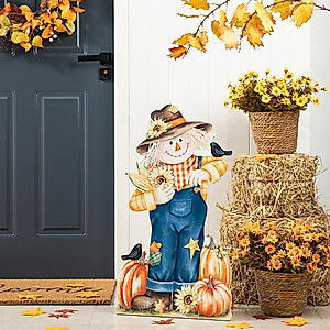 glitzhome GH31362R1 Fall Wooden Welcome Scarecrow Porch Sign Hanging Wall Decor, Orange