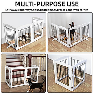 ZJSF Free standing Panel Dog Gate with Door for Indoor,Doorways,House, Hallways,or Stairs Freestanding Foldable Gate for Dog White Wooden Puppy Gate Pet Gate 24''H