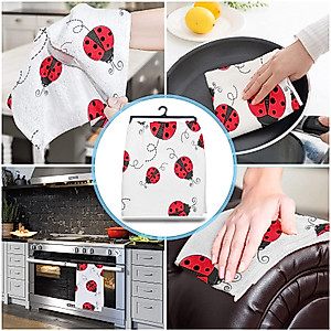 Meet 1998 Red Ladybug Kitchen Towels, Set of 4 Hand Drying Towel, Soft Absorbent Multipurpose Cloth Tea Towels for Cooking Baking, Nature Insect Print Washable Dish Towels Cloth 18x28 Inch