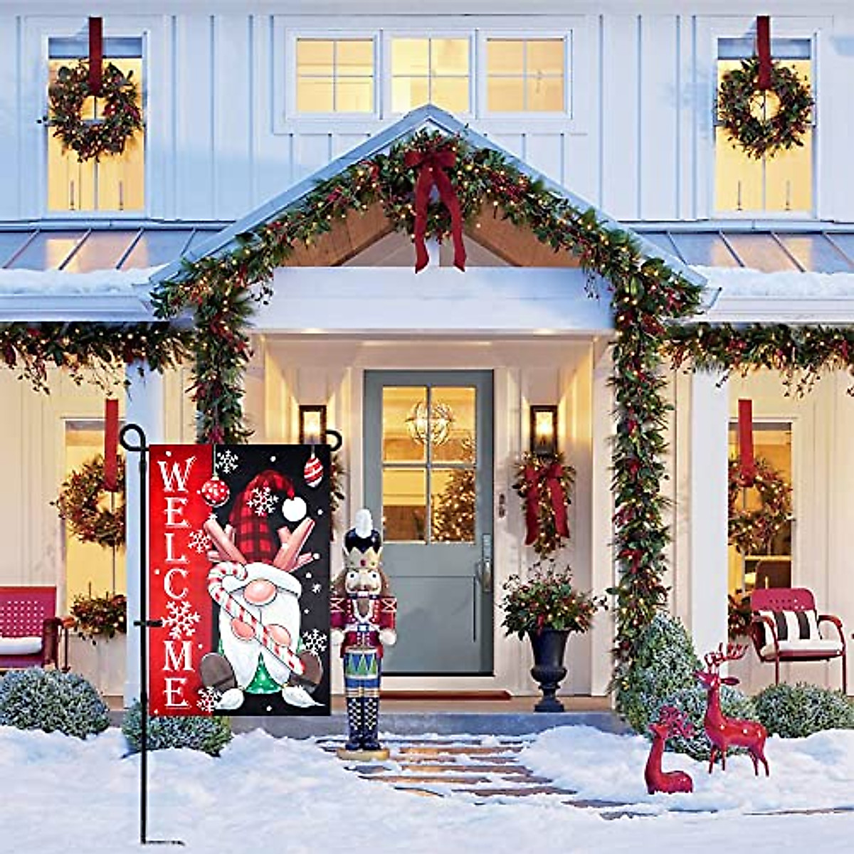 Welcome Christmas Garden Flag, hogardeck Gnome Santa Outdoor Christmas Decorations, Vertical Double Sided Yard Flag, Christmas Ball Farmhouse Decor 12.5x18 Inch