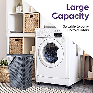 Plastic Laundry Hamper with Lid Laundry Hamper Basket, Grey 2 Pack Tall Cloths Hamper Organizer with Cut-out Handles. Space Saving for Laundry Room Bedroom Bathroom, Wicker Design 60 Liter