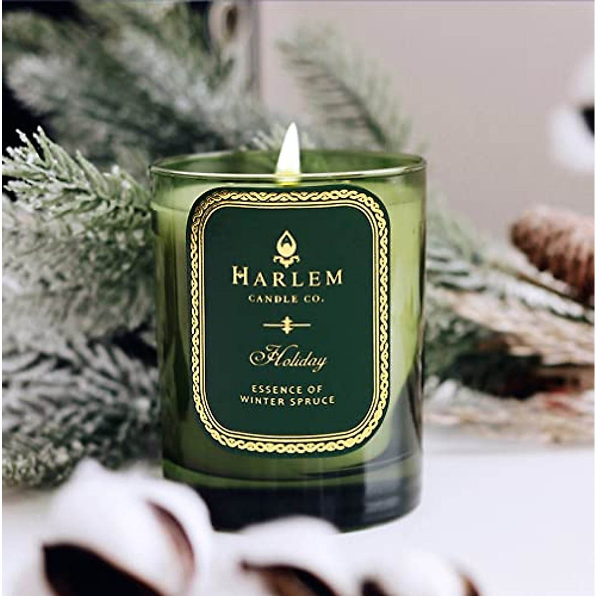 Harlem Candle Company Holiday Luxury Candle, 12 oz Green Glass Jar, Double Wick, Soy Wax, Gift Box, Winter-Fresh Fir, Pine Needles and Mint-Infused Eucalyptus