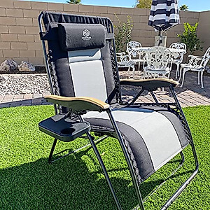 Coastrail Outdoor Zero Gravity Chair Wood Armrest XXL Camping Lounge Chair Patio Recliner Support 400lbs Padded Reclining Chair Folding Lawn Chair with Side Table