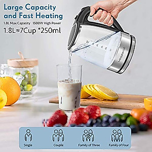MegaWise 1500W Electric Kettle, 1.8L Borosilicate Glass Tea Kettle with LED Light, Auto Shut-Off and Boil-Dry Protection Cordless Kettle Fast Boiling, BPA Free