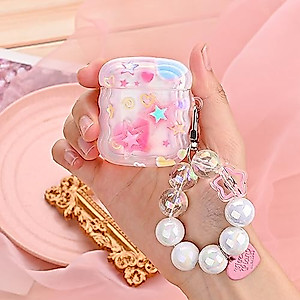 Mainrenka Cute Star Airpod Case with Keychain Aesthetic Kawaii Airpods 2nd/1st Generation Case Cover for Women Girl
