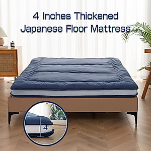 Syalife Japanese Futon Mattress Floor Mattress, 4" Thicken Roll Up Tatami Mat, Foldable & Portable Floor Bed Sleeping Pad, Traditional Shiki Futon (shikibuton), Design by Japan (Navy Blue, 54 * 80)
