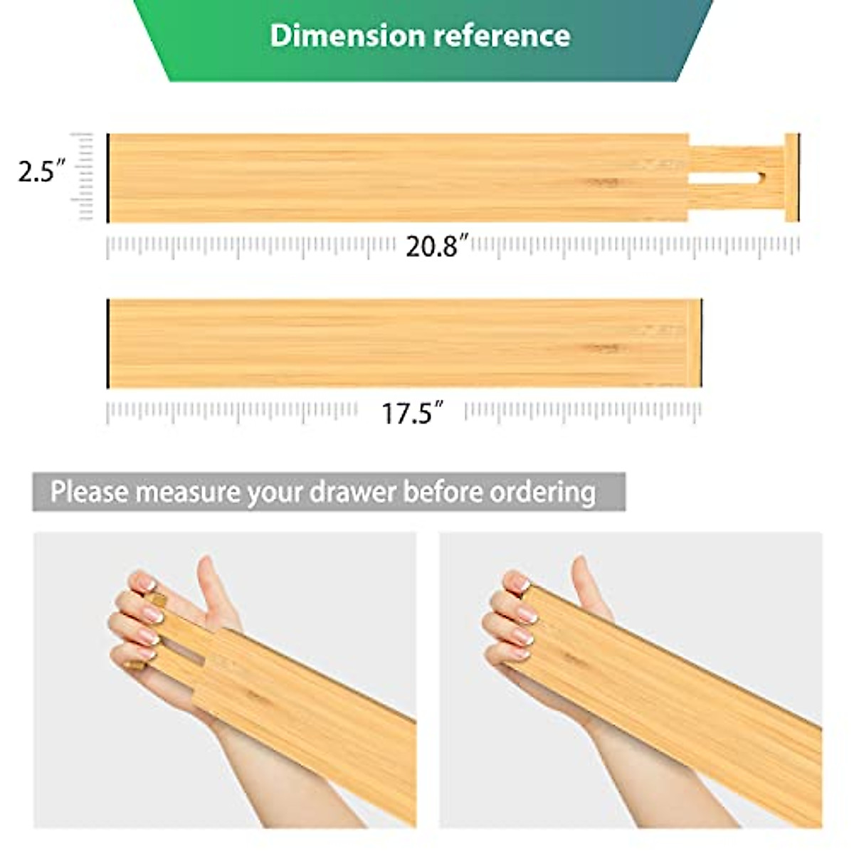 Pipishell 4-Pack Bamboo Drawer Dividers, 17.5-20.8" Adjustable Separators Expandable Drawer Divider Organizers Kitchen Utensils Organization Extra Long for Dresser Bedroom Bathroom Office 2.5" High