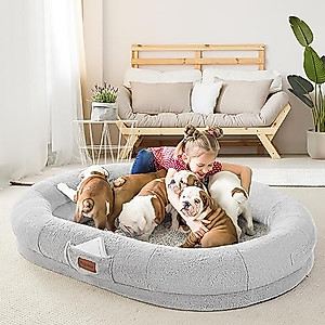 Human Dog Bed for People Adults, Giant Bean Bag Bed with Blanket 72"x48"x10", Washable Faux Fur Nap Bed Adult Oval for People, Families, Pets Removable Large Memory Foam Human Sized Dog Bed Grey