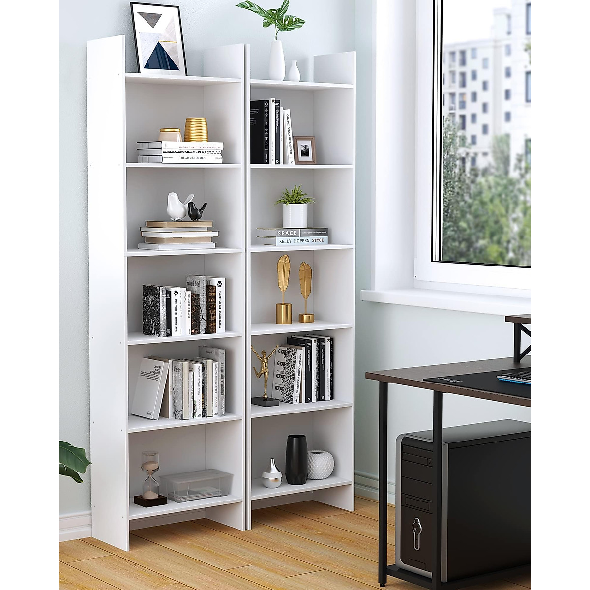 Hzuaneri 6-Tier Bookshelf, 66.9 Inches Floor Standing Bookcase, Display Storage Shelf, Corner Shelf, Home Decor Furniture for Home Office, Living Room, Bedroom, White 01103XBC