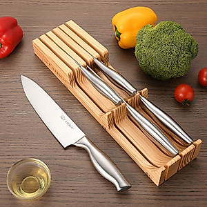 KATISUN Kitchen Knife Set, 6 Pieces Knife Block Sets with Pine Knives Drawer Organizer, Perfect for Home and Chefs, Premium Knife Holder, Gift for Holiday and Housewarming