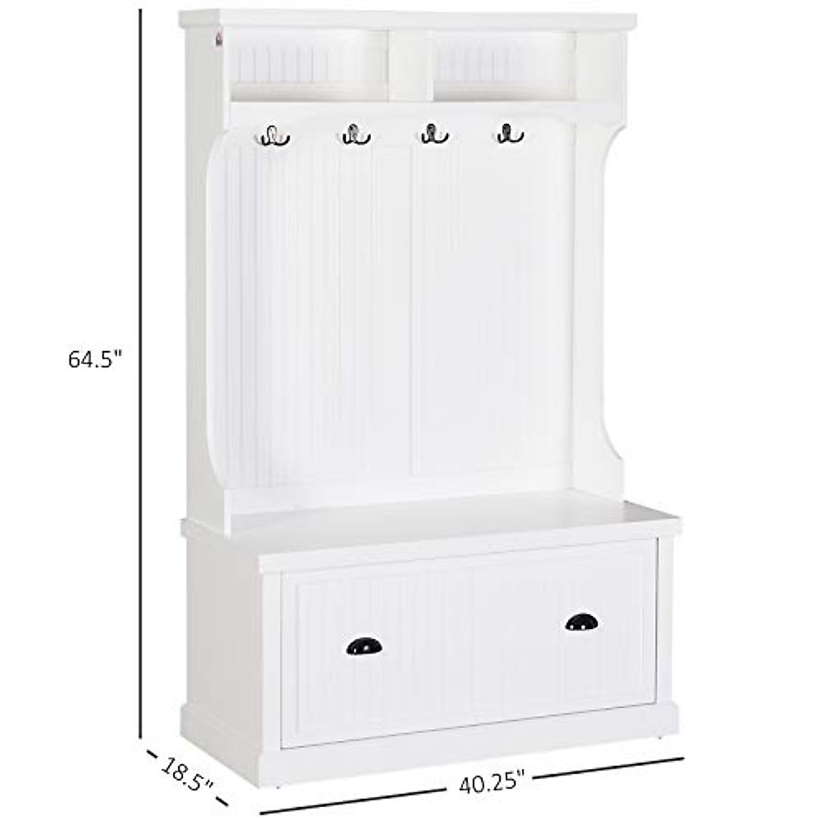 HOMCOM Hall Tree for Entryway, Coat Rack Shoe Bench with Bottom Storage, 4 Metal Double Hooks and 2 Shelves for Hallway, Living Room, White