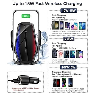 Wireless Car Charger Mount, Infrared Sensor Automatic Clamping Mount 15W Fast Wireless Car Phone Holder for Apple iPhone 14/13/12/11/Pro/X/XR/XS, Sensor Air Vent Cell Phone Car Mount for Samsung