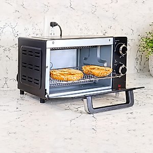 Total Chef Toaster Oven 4 Slice Small Compact Kitchen Appliance Pizza Bake Toast Rost Broil Bread toaster auto shutoff Crumble tray Natural Convection Countertop Black And Stainless Steel