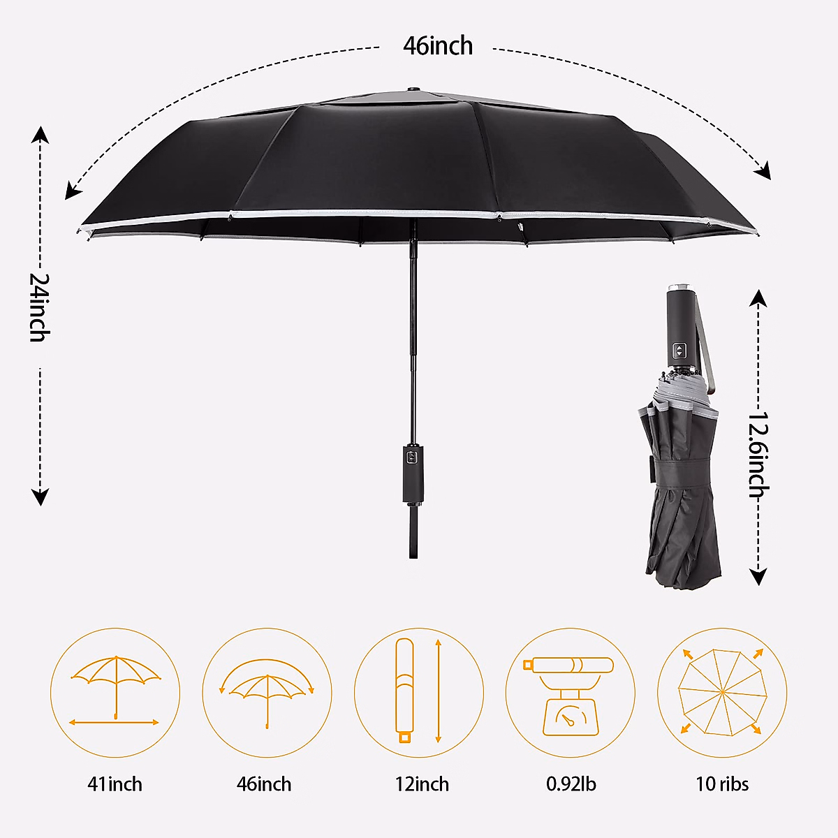 Umbrellas for Rain Windproof Travel Umbrella Folding Portable Compact Umbrella with Automatic Open Close for Men and Women Gray Reflective 46